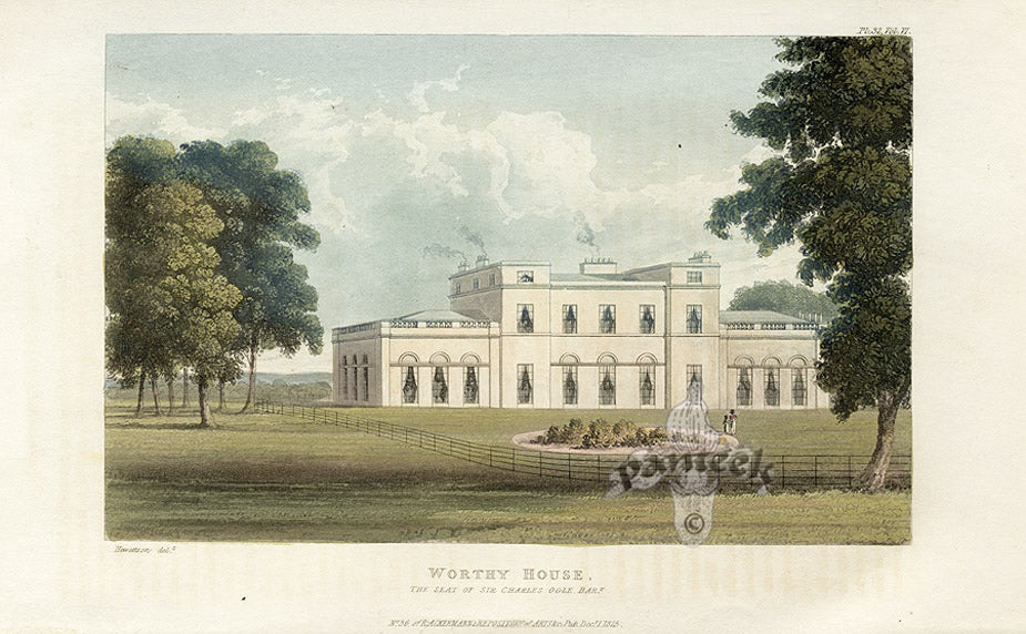 Ackermann Architecture Original Aquatint Worthy House, Sir Ogle