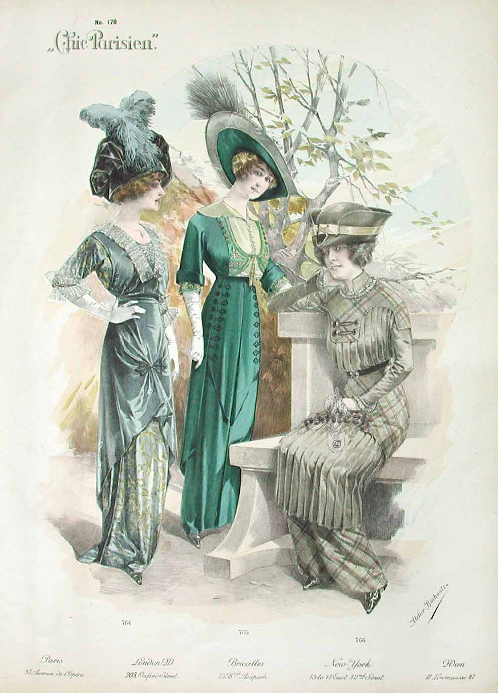 Chic Parisien Fashion Prints 1913 Green Dresses | Panteek Antique Prints