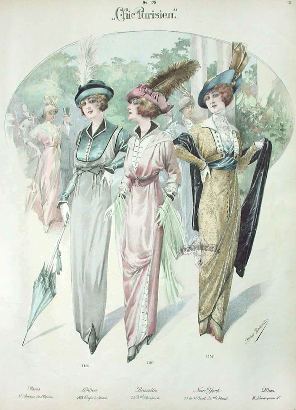 Chic Parisien Fashion Prints 1913 Green, Pink, Gold Dresses