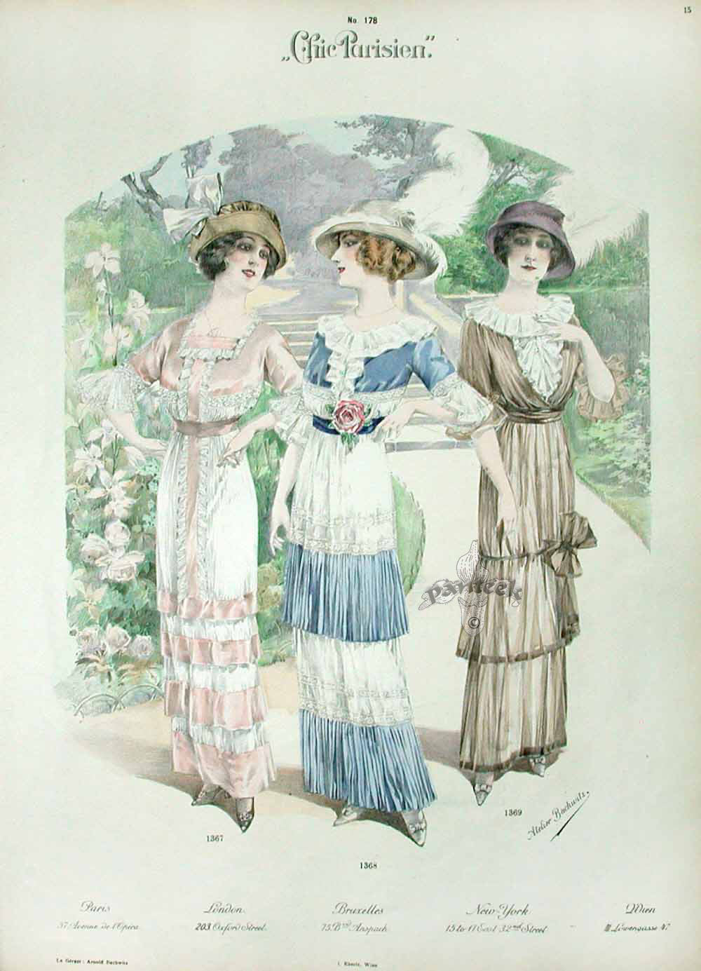 Chic Parisien Fashion Prints 1913 Pink, Blue, Brown Dresses | Panteek ...