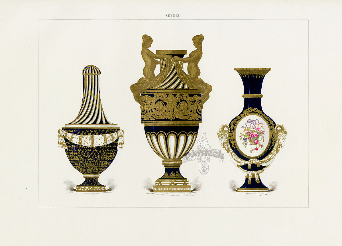 Edouard Garnier Porcelain of Sevres Print 3 Gold Draped Vases, Sirens ...