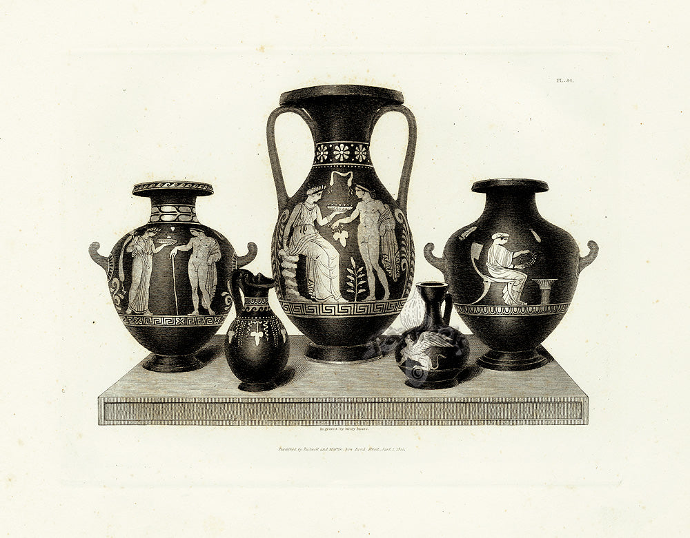 Henry Moses Print Etruscan Vases, Plaques 1820 Sphinx, 5 Vases ...