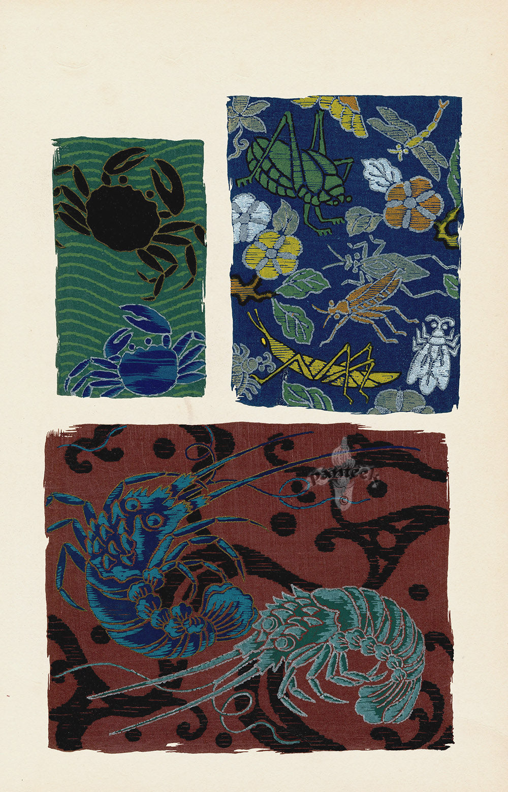 Showa Japanese Textile Design Lobster, Crab | Panteek Antique Prints